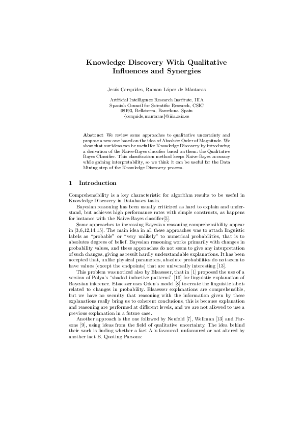 (PDF) Knowledge Discovery with qualitative influences and synergies | Ramon Lopez De Mantaras ...