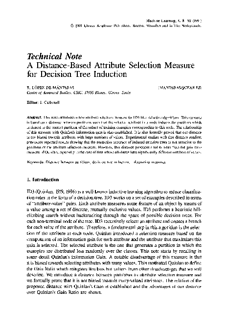 Pdf A Distance Based Attribute Selection Measure For Decision Tree Induction