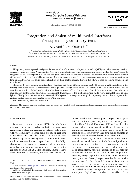 (PDF) Integration and design of multi-modal interfaces for supervisory control systems