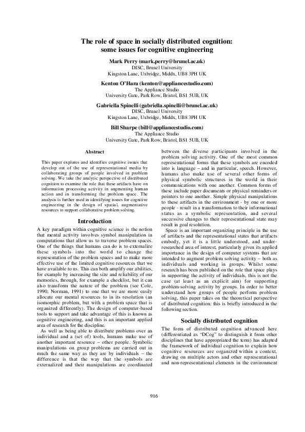 (PDF) The role of space in socially distributed cognition: some issues for cognitive engineering