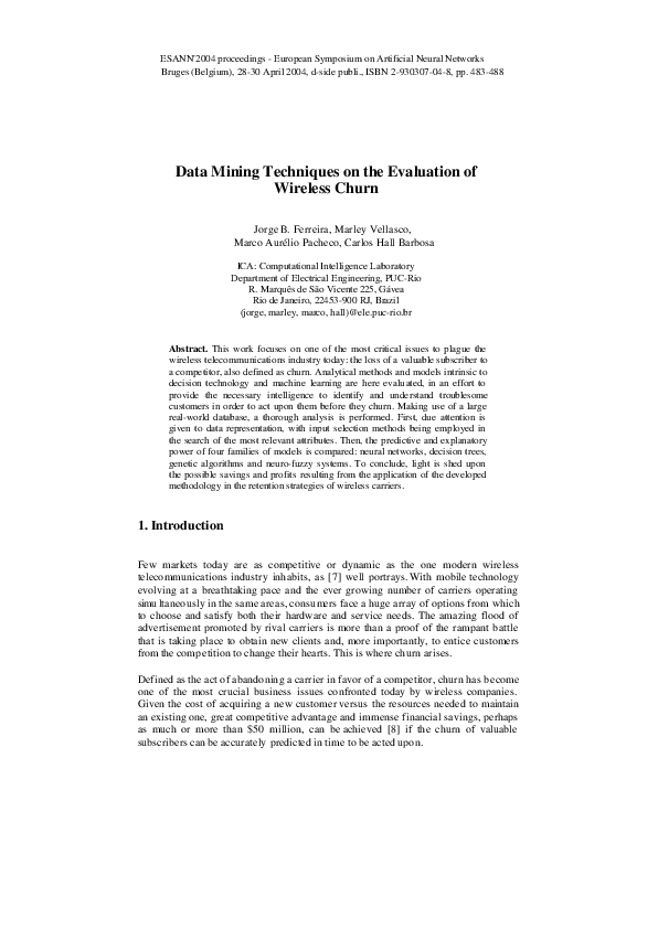 (PDF) Data Mining Techniques on the Evaluation of Wireless Churn