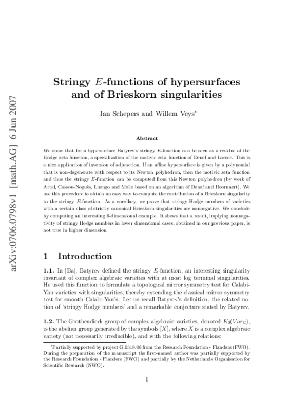 (PDF) Stringy E-functions of hypersurfaces and of Brieskorn singularities
