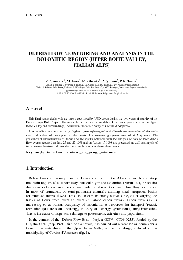 (PDF) Debris flow monitoring and analysis in the dolomitic region ...