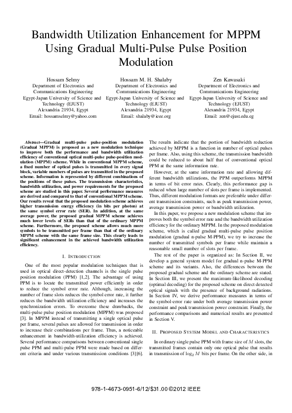Pdf Bandwidth Utilization Enhancement For Mppm Using Gradual Multi Pulse Pulse Position Modulation