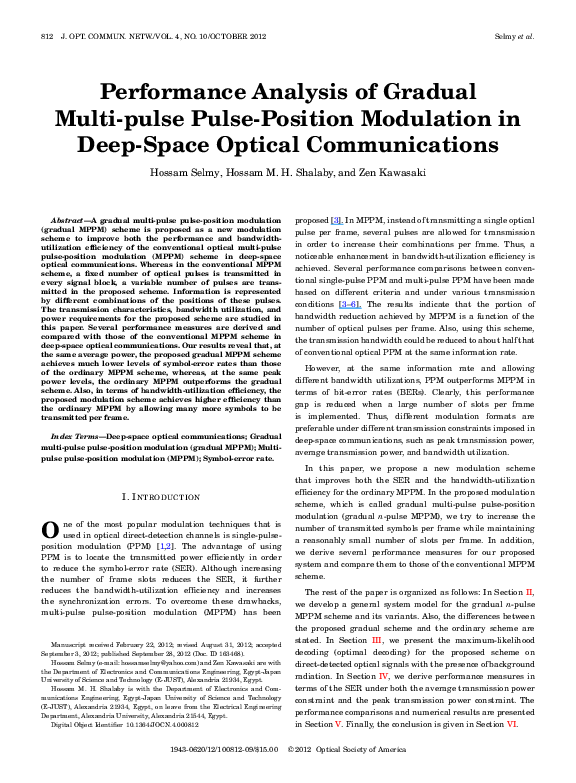 Pdf Performance Analysis Of Gradual Multi Pulse Pulse Position Modulation In Deep Space
