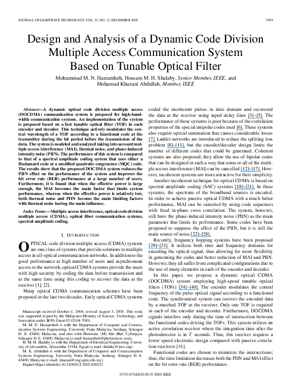Pdf Design And Analysis Of A Dynamic Code Division Multiple Access Communication System Based