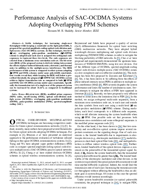 (PDF) Performance Analysis of SAC-OCDMA Systems Adopting Overlapping PPM Schemes