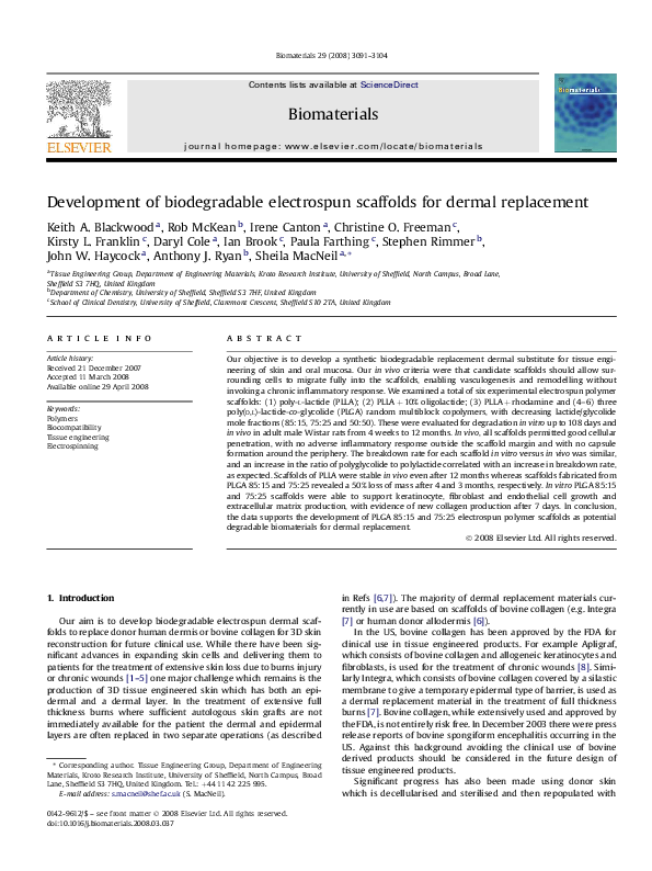 (PDF) Development of biodegradable electrospun scaffolds for dermal replacement