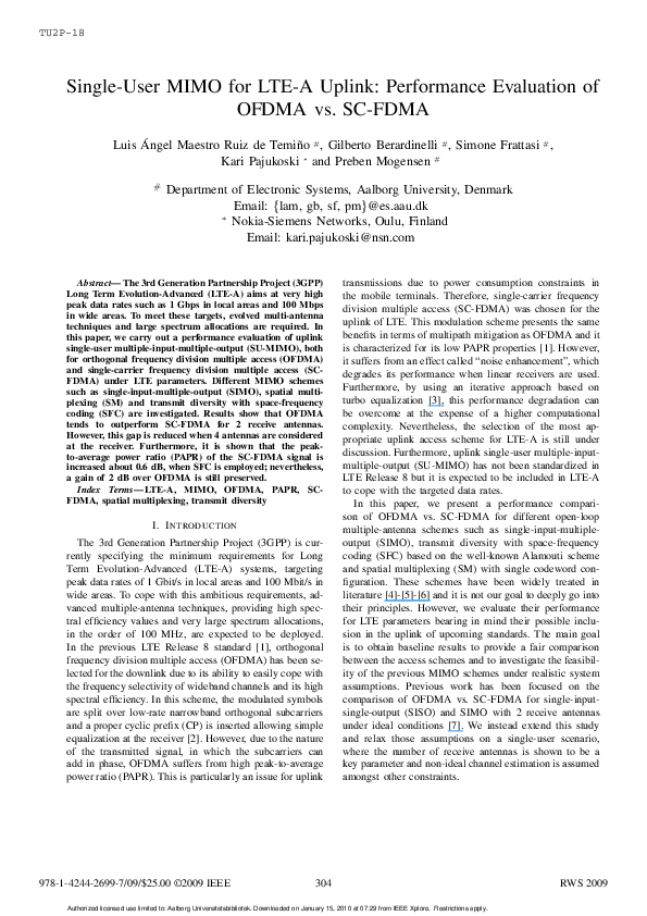 (PDF) Single-user MIMO for LTE-A Uplink: Performance evaluation of ...