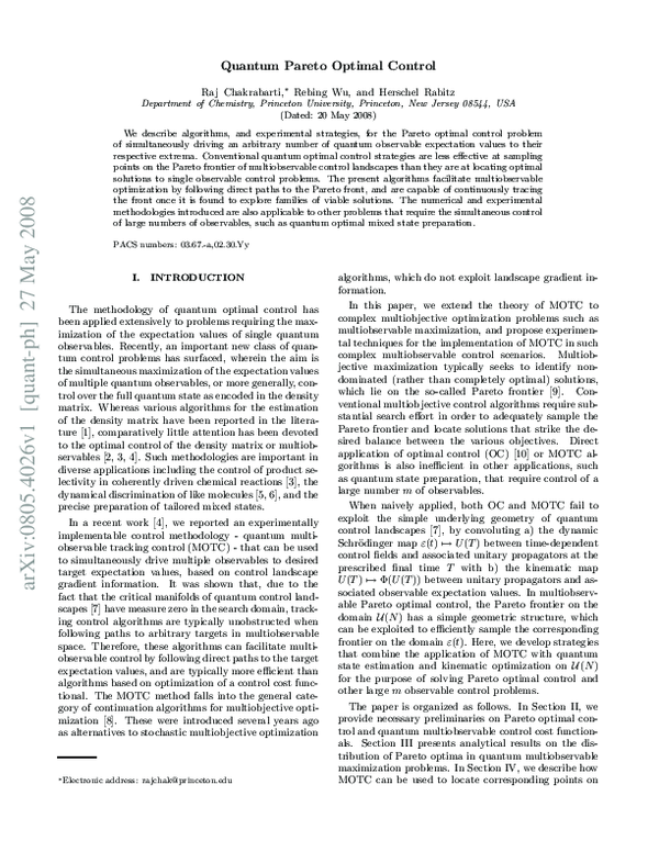 (PDF) Quantum Pareto optimal control