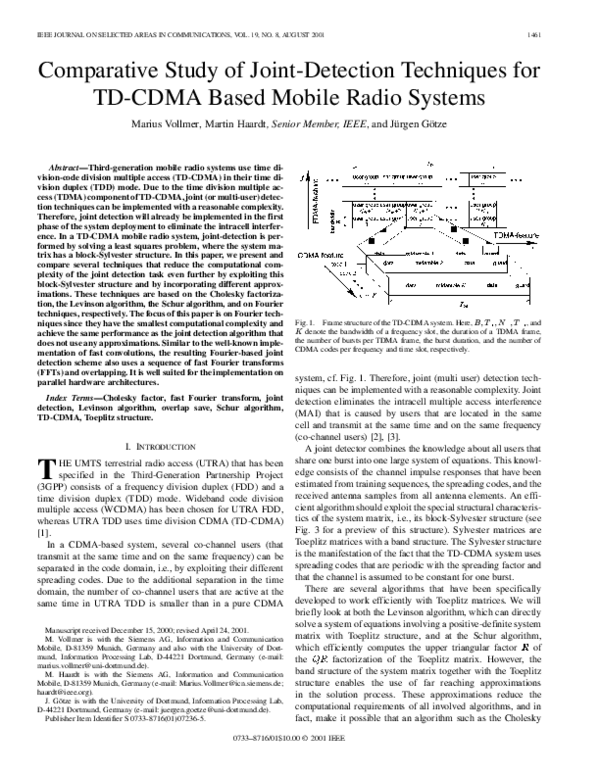 Pdf Joint Detection Using Fast Fourier Transforms In Td Cdma Based Mobile Radio Systems