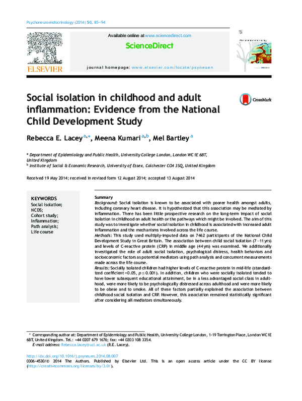 (PDF) Social isolation in childhood and adult inflammation: evidence ...
