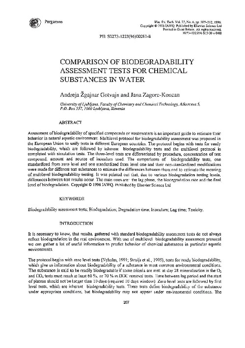 (PDF) Comparison of biodegradability assessment tests for chemical ...