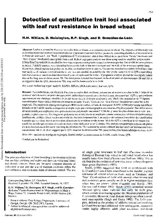 Pdf Detection Of Quantitative Trait Loci Associated With Leaf Rust Resistance In Bread Wheat