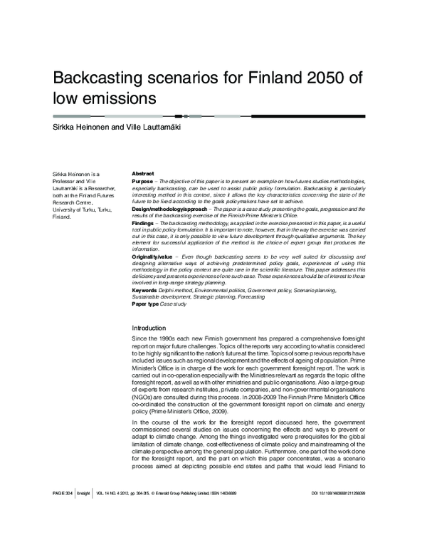 (PDF) Backcasting scenarios for Finland 2050 of low emissions