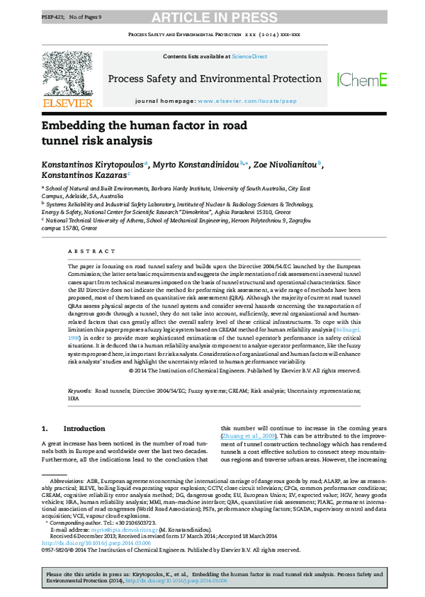 (PDF) Embedding the human factor in road tunnel risk analysis