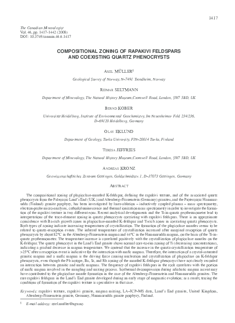 (PDF) COMPOSITIONAL ZONING OF RAPAKIVI FELDSPARS AND COEXISTING QUARTZ ...