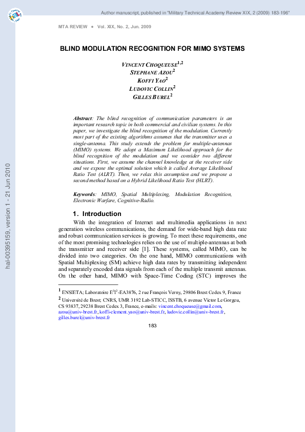 (PDF) Modulation Recognition for MIMO Communications