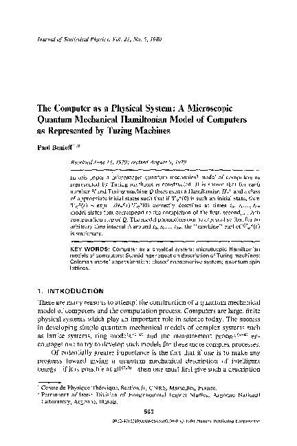(PDF) The computer as a physical system: A microscopic quantum ...