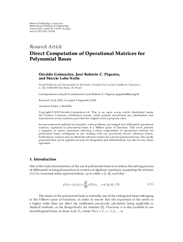 (PDF) Direct Computation of Operational Matrices for Polynomial Bases