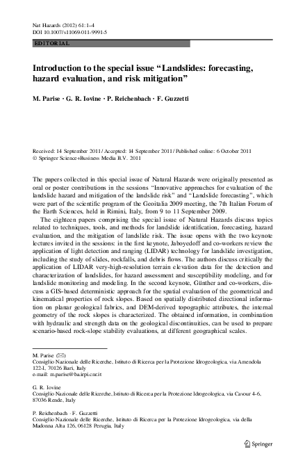 (PDF) Introduction to the special issue “Landslides: forecasting, hazard evaluation, and risk ...