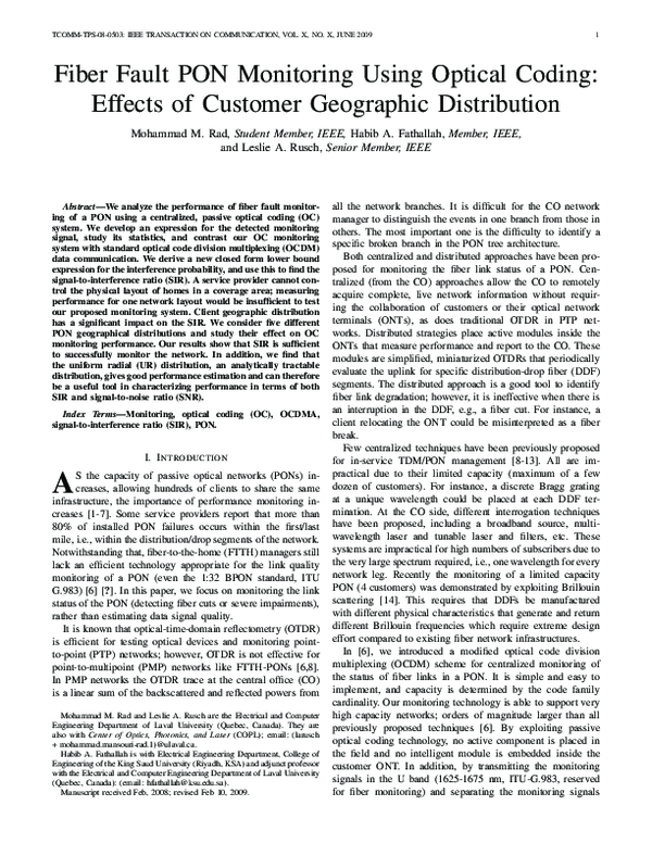 (PDF) Fiber fault PON monitoring using optical coding: Effects of customer geographic distribution