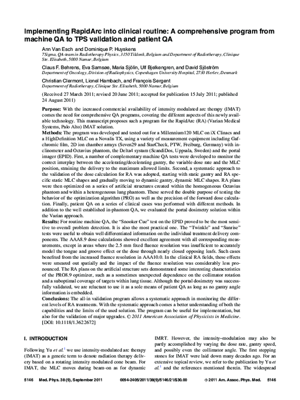 Pdf Implementing Rapidarc Into Clinical Routine A Comprehensive Program From Machine Qa To