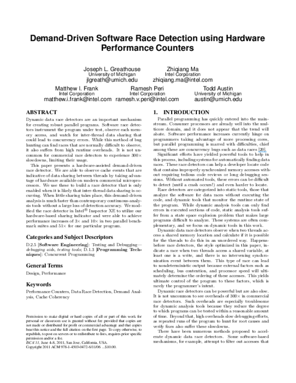 Pdf Demand Driven Software Race Detection Using Hardware Performance Counters