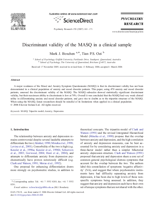 (PDF) Discriminant validity of the MASQ in a clinical sample