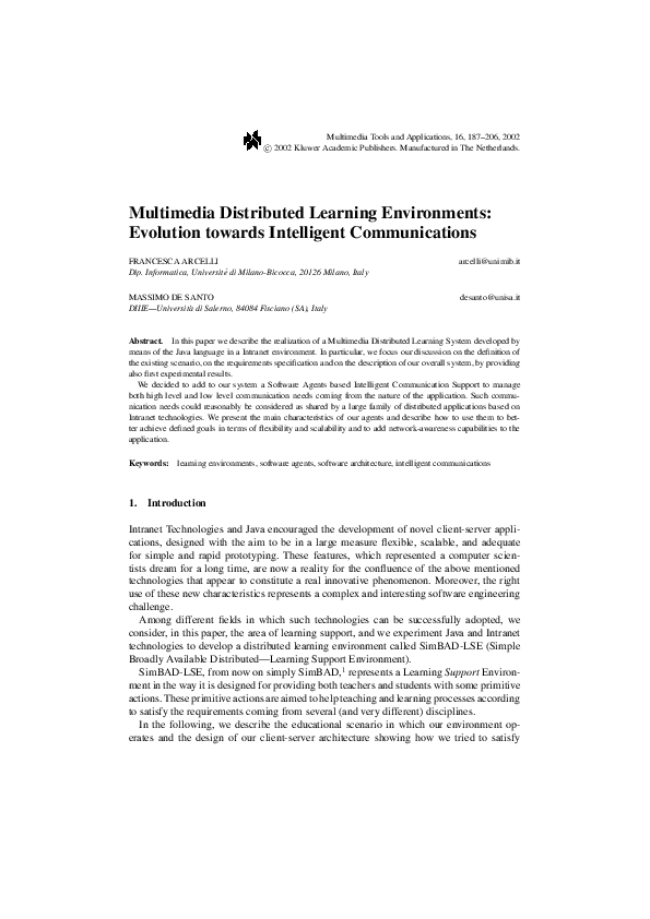 (PDF) Multimedia Distributed Learning Environments: Evolution towards Intelligent Communications