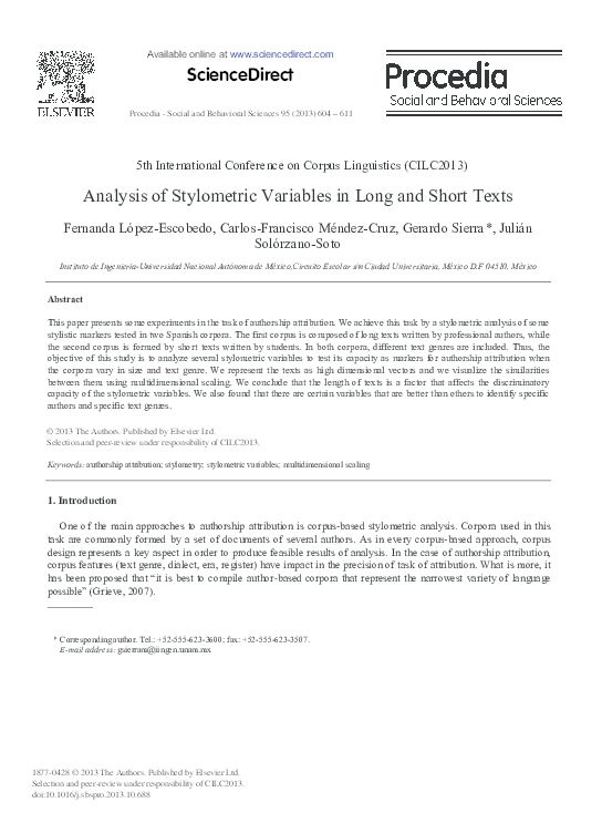 (PDF) Analysis of Stylometric Variables in Long and Short Texts