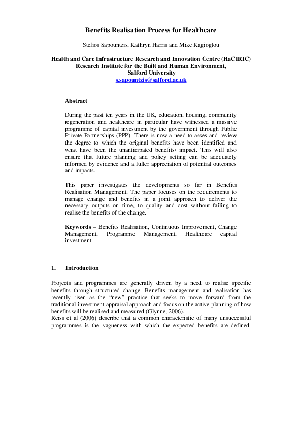 (PDF) Benefits realisation process for healthcare