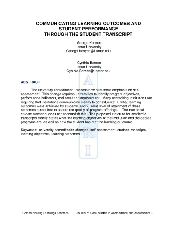 (PDF) COMMUNICATING LEARNING OUTCOMES AND STUDENT PERFORMANCE THROUGH ...