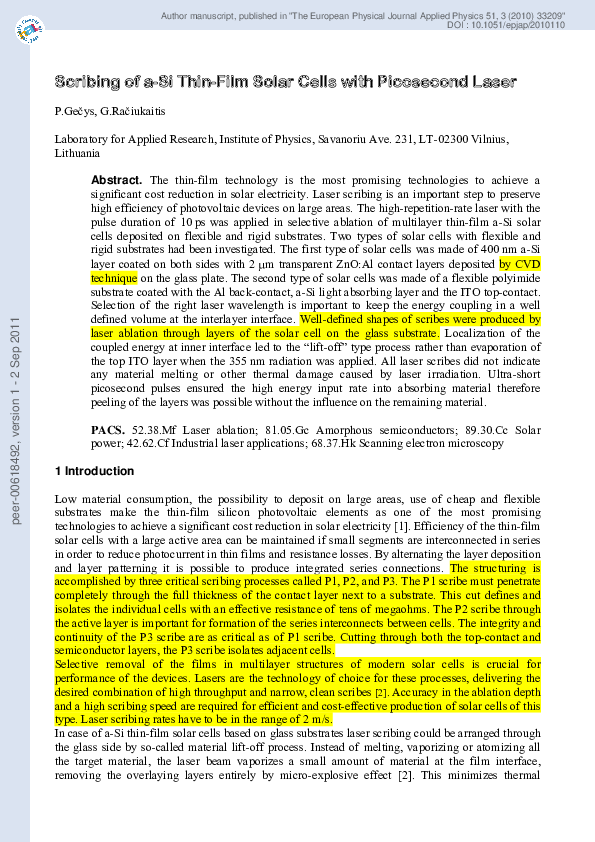 (PDF) Scribing of a-Si thin-film solar cells with picosecond laser
