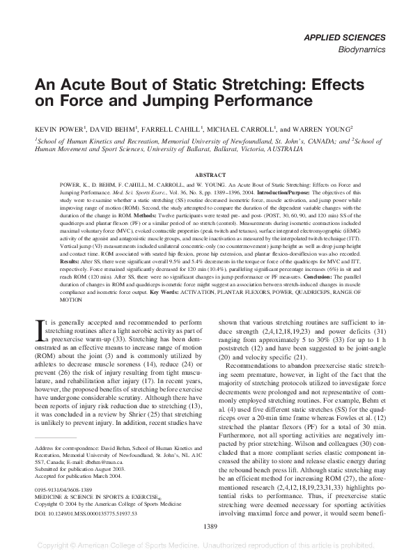 (PDF) An Acute Bout of Static Stretching: Effects on Force and Jumping Performance