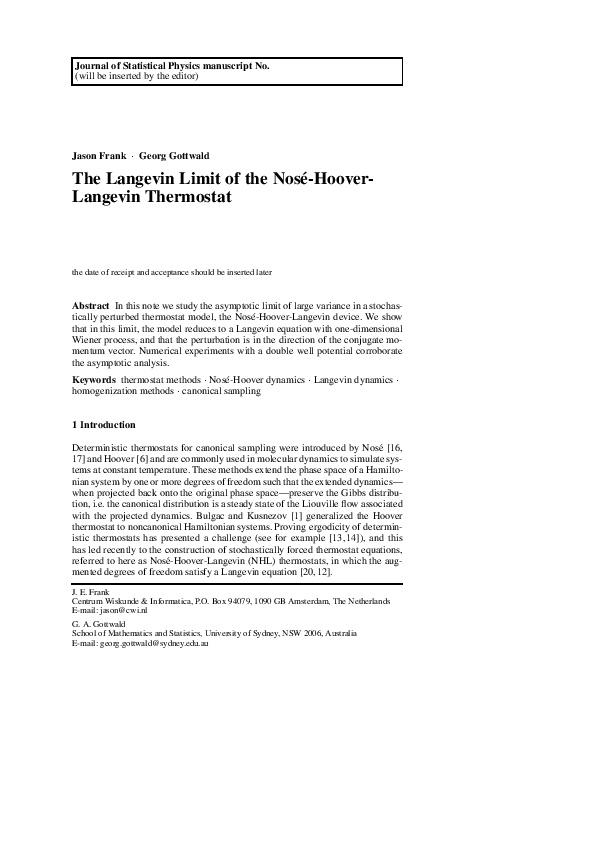 (PDF) The Langevin Limit of the Nosé-Hoover-Langevin Thermostat