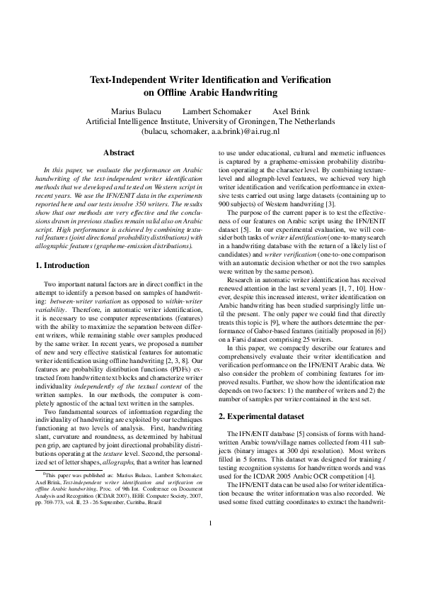 Pdf Text Independent Writer Identification And Verification Using Textural And Allographic