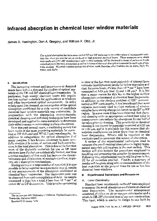 (PDF) Infrared absorption in chemical laser window materials