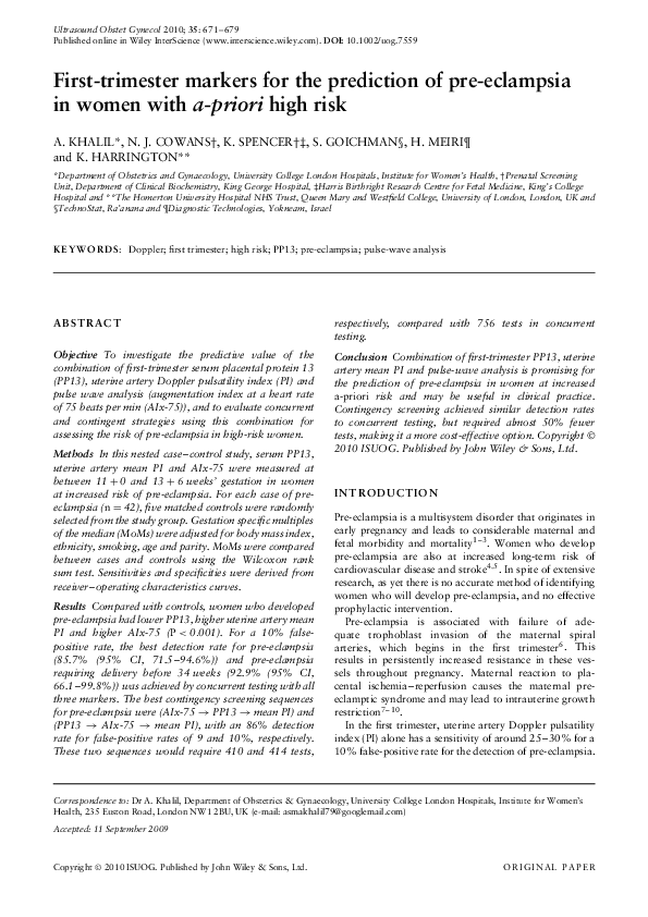 (PDF) First trimester markers for the prediction of pre-eclampsia in ...