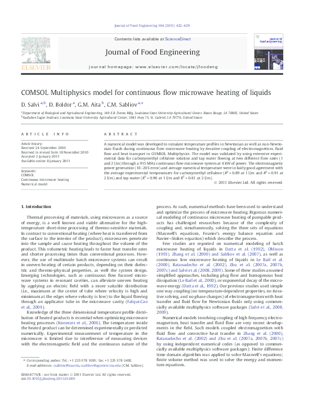 (PDF) COMSOL Multiphysics model for continuous flow microwave heating of liquids