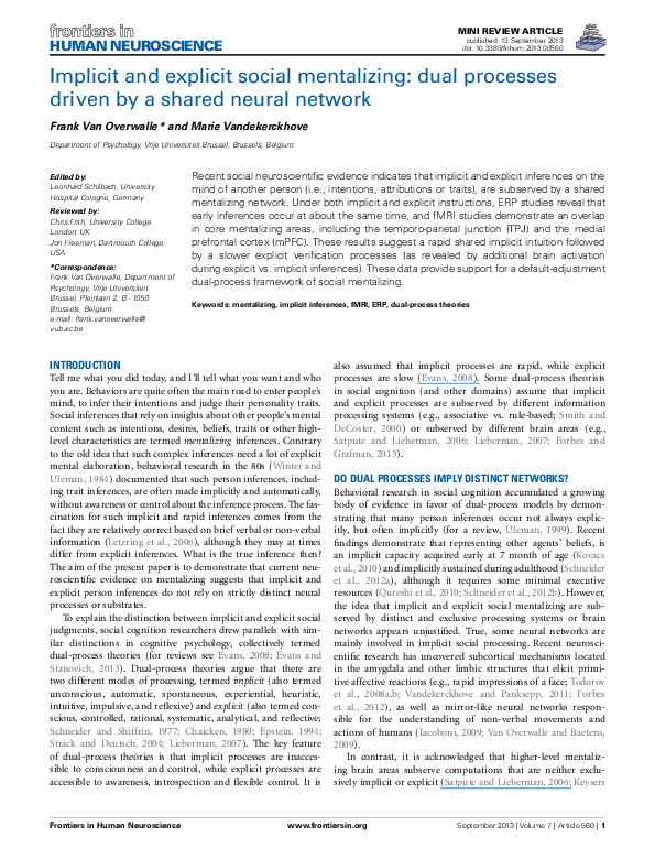 (PDF) Implicit and explicit social mentalizing: dual processes driven by a shared neural network