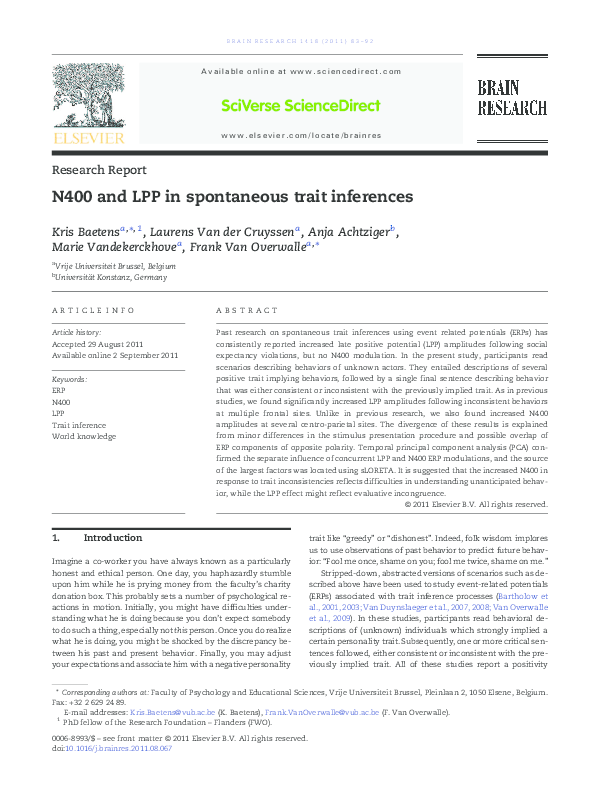 (PDF) N400 and LPP in spontaneous trait inferences