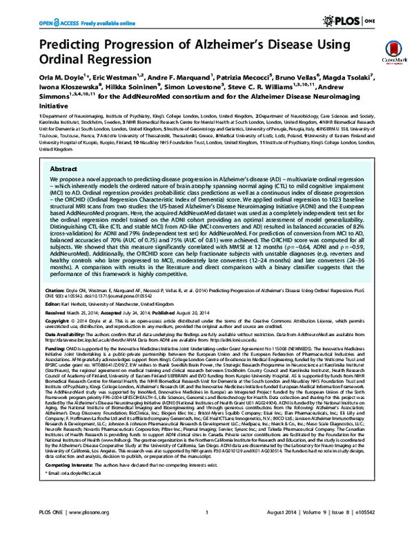(PDF) Predicting the progression of Alzheimer's disease by plasma-based ...