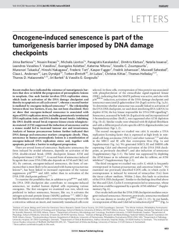 (PDF) Oncogene-induced senescence is part of the tumorigenesis barrier imposed by DNA damage