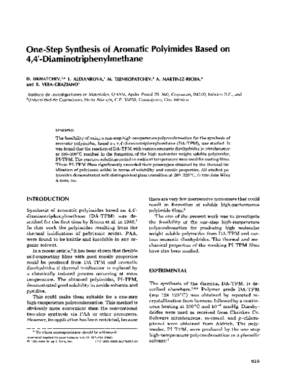 (PDF) One‐step synthesis of aromatic polyimides based on 4,4′‐diaminotriphenylmethane