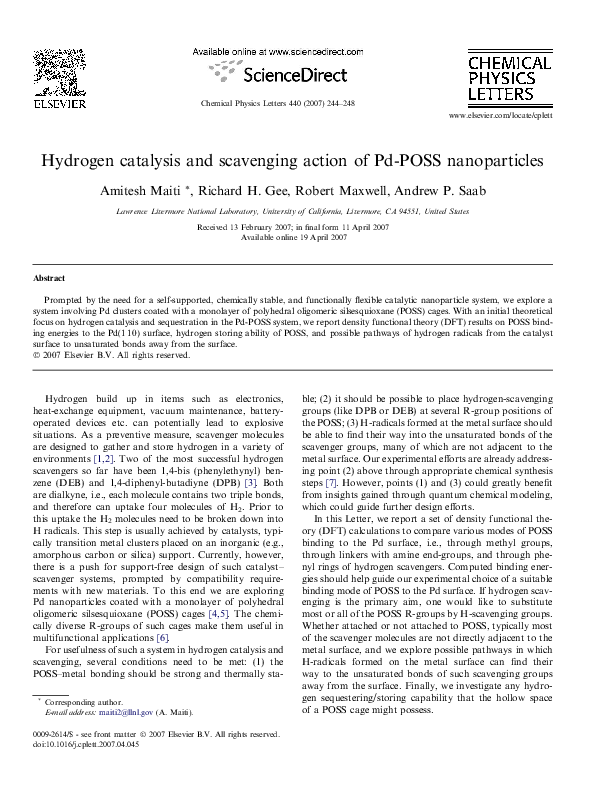 (PDF) Hydrogen catalysis and scavenging action of Pd-POSS nanoparticles