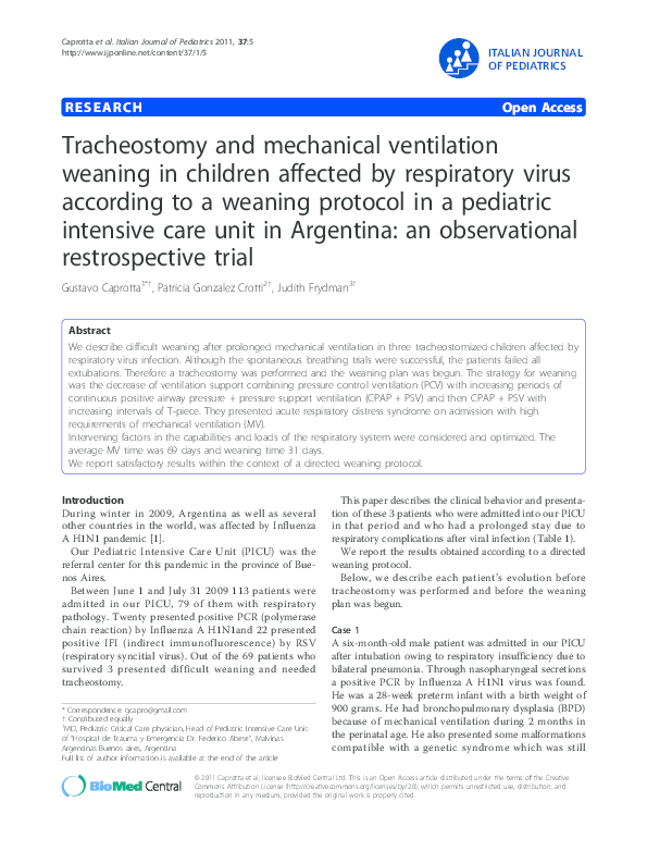(PDF) Tracheostomy and mechanical ventilation weaning in children ...