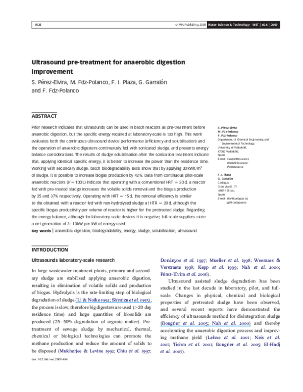 (PDF) Ultrasound pre-treatment for anaerobic digestion improvement