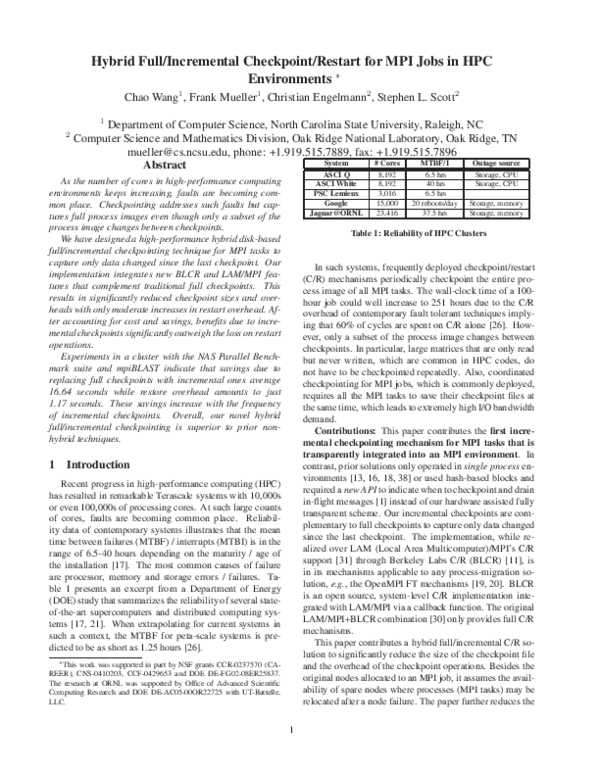 (PDF) Hybrid Checkpointing for MPI in HPC Systems