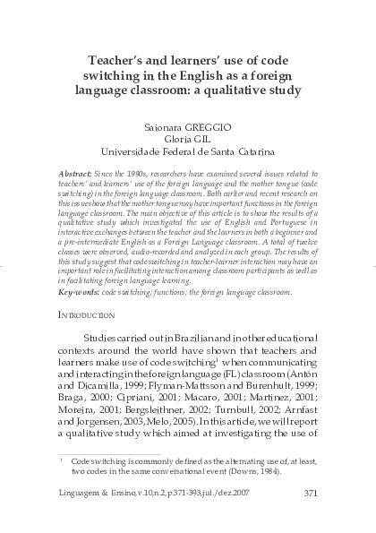 (PDF) Teacher's and learner's use of code-switching in the English as a ...
